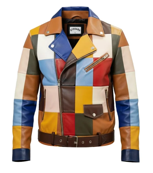 Shop Multicolor Patchwork Leather Moto Jacket - Stegaro