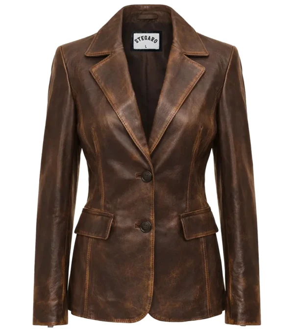 Women's Distressed Brown Leather Blazer | Stegaro